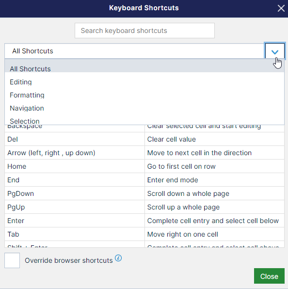 Keyboard Shortcuts Dialog – Bizview